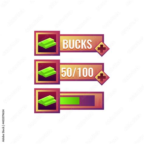 Set Of Funny Old Wooden Game Ui Money Bucks Bar With Numeric And Progress Bar Additional Panel