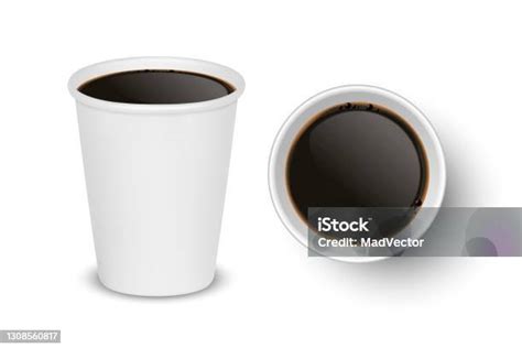 벡터 3d 사실적 종이 흰색 일회용 컵 세트 블랙 커피 격리격리 에스프레소 아메리카노 모카 스톡 벡터 일러스트레이션 디자인