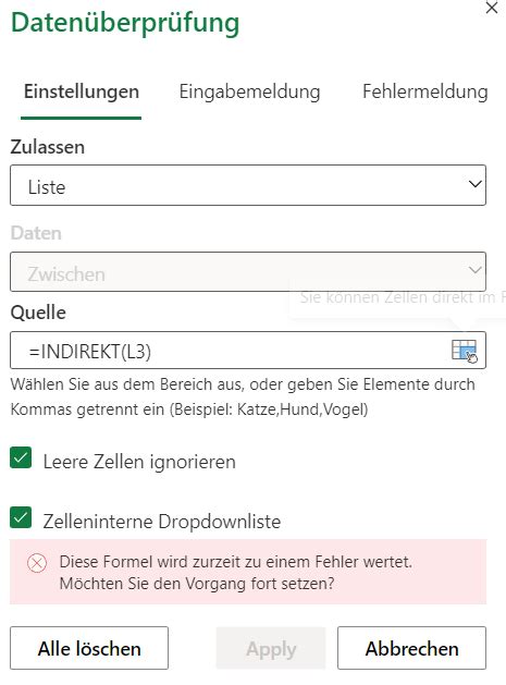 problem with using the indirect function in the data validation in a