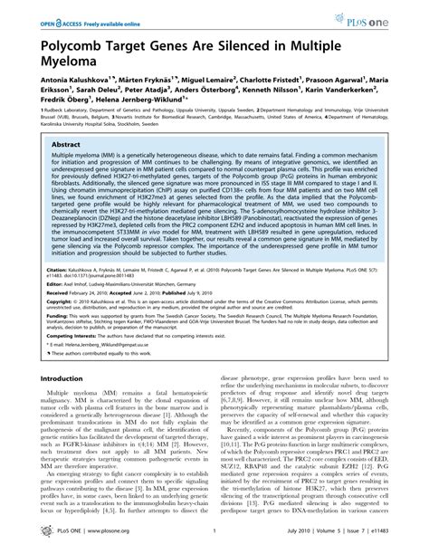 Pdf Polycomb Target Genes Are Silenced In Multiple Myeloma