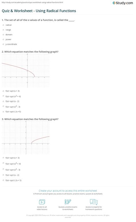 Quiz And Worksheet Using Radical Functions
