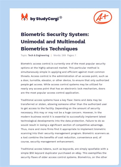 Biometric Security System Unimodal And Multimodal Biometrics Techniques Free Essay Example