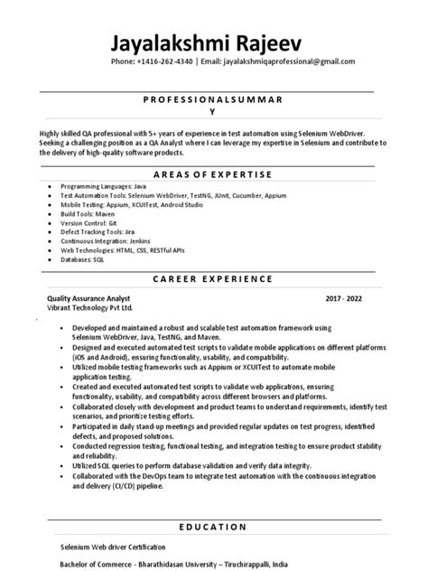 Jayalakshmi Qa Resume Pdf Selenium Software Software Testing