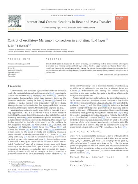 Pdf Control Of Oscillatory Marangoni Convection In A Rotating Fluid