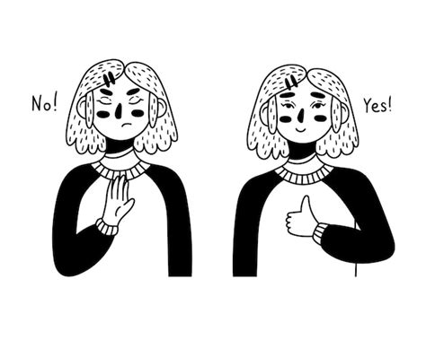 네 엄지손가락을 위로 말하고 제기 손 제스처와 Nostop 말하는 소녀 흰색 배경에 벡터 흑백 그림 신체 언어 및 비언어적 제스처 프리미엄 벡터