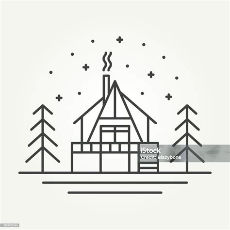 미니멀리스트 캐빈 하우스 라인 아트 아이콘 로고 템플릿 벡터 일러스트 레이 션 디자인 밤의 숲 한가운데에 있는 심플한 통나무집 또는 전원주택 로고 컨셉 건축에 대한 스톡