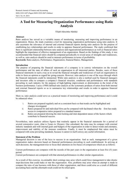 A Tool For Measuring Organization Performance Using Ratio Analysis Pdf