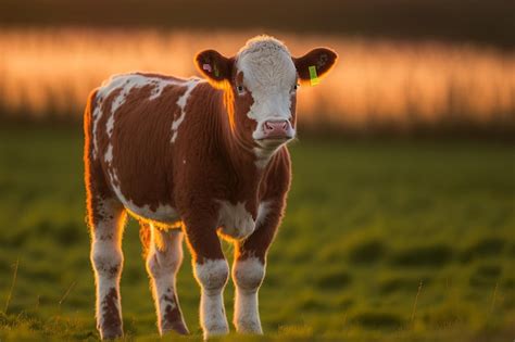 Premium Photo Miniature Hereford Calf On A Field Pasture At Dusk