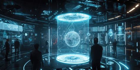 Skilled Business Man Standing At Futuristic Data Center With Hologram