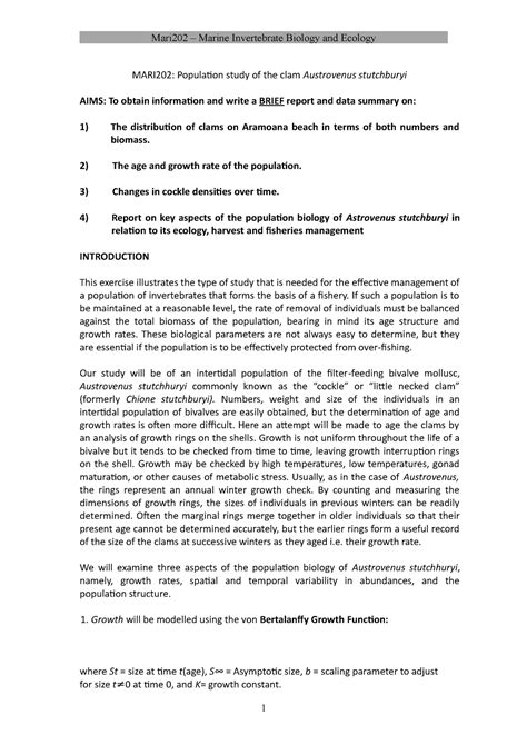 Bivalve Lab Report From Field Trip Data Mari202 Marine