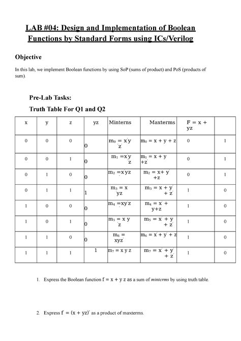 Dld Lab 4 Lab 4 Dld Lab 04 Design And Implementation Of Boolean Functions By Standard