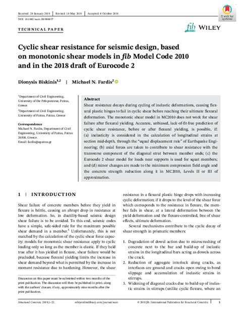 Pdf Cyclic Shear Resistance For Seismic Design Based On Monotonic