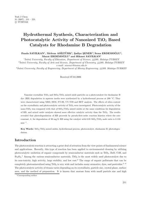 Pdf Hydrothermal Synthesis Characterization And Photocatalytic