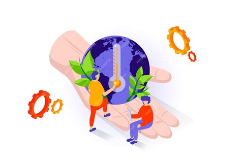 3d 아이소메트릭 디자인의 에코 라이프스타일 개념 지구 온난화와 기후 변화에 맞서 싸우는 사람들은 환경 친화적인 기술을 사용합니다 웹 그래픽을 위한 아이소메트리 장면이