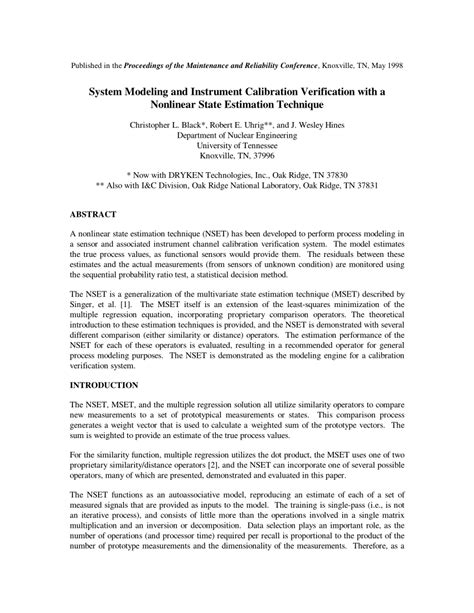 Pdf System Modeling And Instrument Calibration Verification With A Nonlinear State Estimation