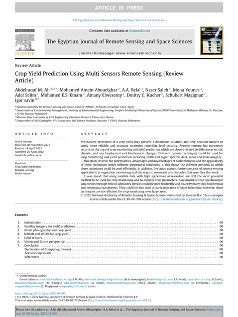 PDF Crop Yield Prediction Using Multi Sensors Remote Sensing Review Article