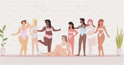 바디 포지티브 플랫 벡터 그림입니다 평등과 페미니즘을 위한 투쟁 실내 인테리어 다른 국적의 미소 짓는 숙녀들 냄비 꽃입니다 수영복을 입은 여자 만화 캐릭터 사진