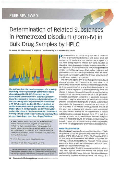 Pdf Determination Of Related Substances In Pemetrexed Disodium Form Iv In Bulk Drug Samples