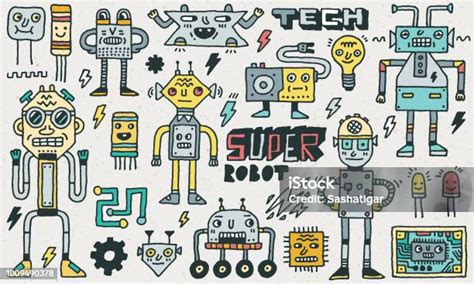 로봇 및 컴퓨터 하드웨어 마이크로컨트롤러 재미 있는 문자 벡터 색상 그림 세트 1 0명에 대한 스톡 벡터 아트 및 기타 이미지 0명 감지기 개체 그룹 Istock