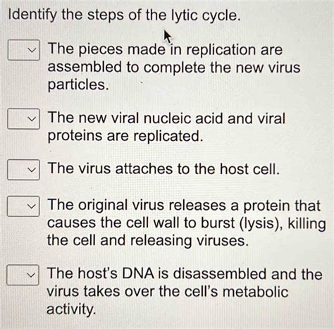 Solved Identify The Steps Of The Lytic Cycle The Pieces Made In Replication Are Assembled To