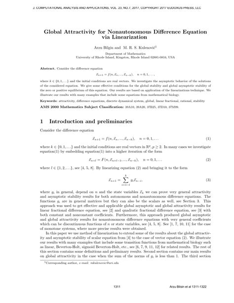 Pdf Global Attractivity For Nonautonomous Difference Equation Via