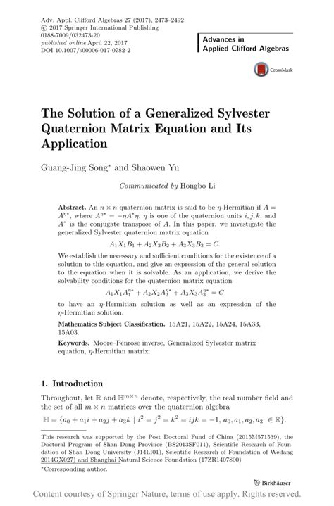 The Solution Of A Generalized Sylvester Quaternion Matrix Equation And Its Application Request PDF