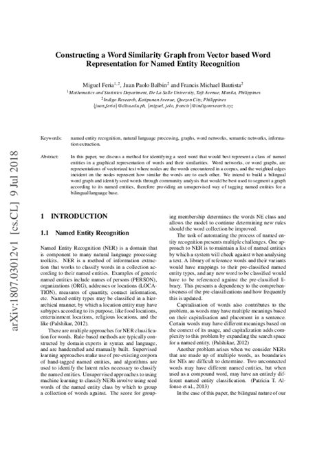 Pdf Constructing A Word Similarity Graph From Vector Based Word Representation For Named