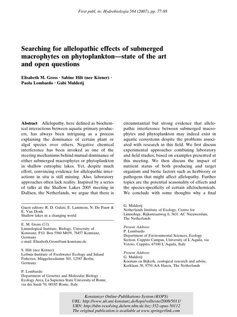 Pdf Searching For Allelopathic Effects Of Submerged Macrophytes On