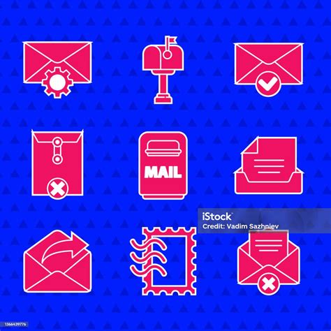 Set Mail Box Postal Stamp Delete Envelope Drawer With Document Outgoing Mail Envelope And Check