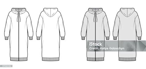 드레스 지퍼 업 후드 기술 패션 일러스트 와 긴 소매 리브 커프 오버사이즈 바디 무릎 길이 스커트 플랫 0명에 대한 스톡 벡터 아트 및 기타 이미지 Istock
