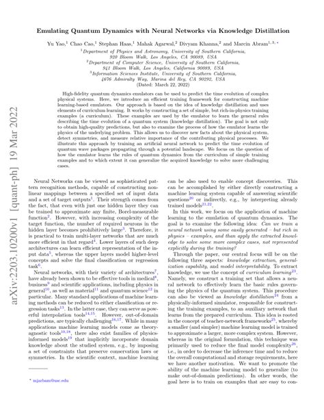 Pdf Emulating Quantum Dynamics With Neural Networks Via Knowledge Distillation