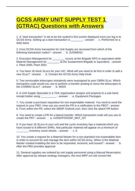 Gcss Army Unit Supply Test 1 Gtrac Questions With Answers Gcss