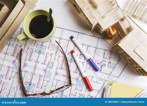 Overhead Of Building Model And Drafting Tools On A Construction Plan Stock Image Image Of