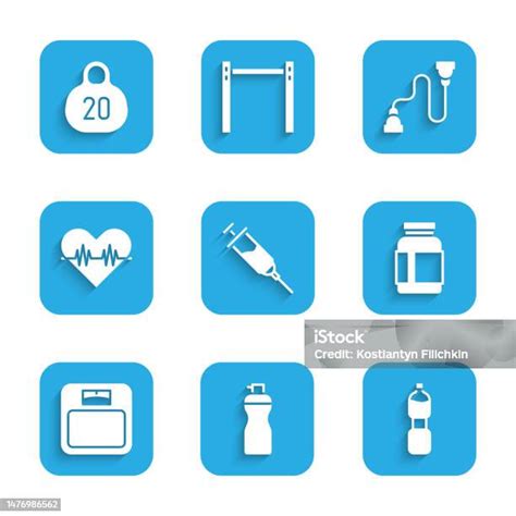 세트 도핑 주사기 피트니스 셰이커 물병 스포츠 영양 욕실 체중계 심박수 가슴 확장기 및 케틀벨 아이콘 벡터 건강관리와 의술에 대한 스톡 벡터 아트 및 기타 이미지 Istock