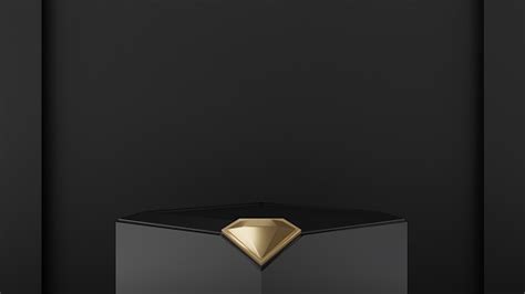 다이아몬드 골드 기호가 있는 기하학적 모양의 3d 렌더링 일러스트레이션 화장품 프리젠 테이션을위한 검은 단계 큐브 연단 플랫폼