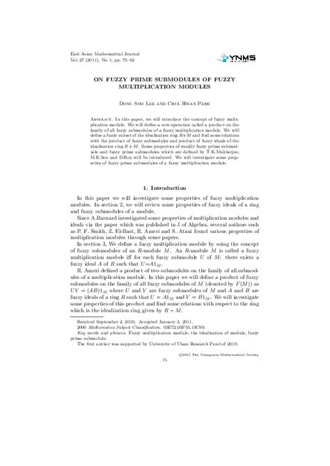Pdf On Fuzzy Prime Submodules Of Fuzzy Multiplication Modules Chul