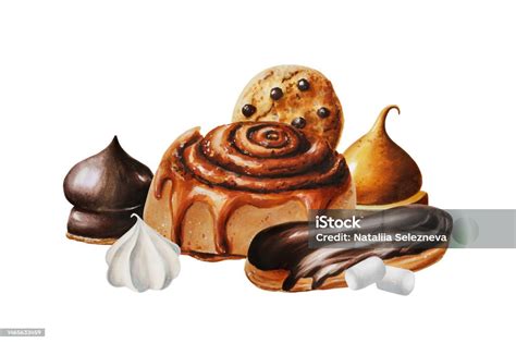 계피 롤빵 비스킷 초콜릿의 마시멜로 머랭 에클레어가있는 수채화 구성 흰색 고립된 배경에 달콤한 손 그림 디자이너 메뉴 상점 바 비스트로 레스토랑 엽서 포장지 커버용 포스터의