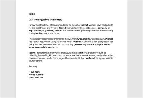 Nursing School Recommendation Letter Template Nursing School Recommendation Letter Nursing