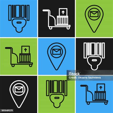 라인 스캐너 스캐닝 바코드 지도 용지의 자리 표시자 및 전기 핸드 트럭 및 상자 아이콘을 설정합니다 벡터 가리키기에 대한 스톡 벡터 아트 및 기타 이미지 Istock