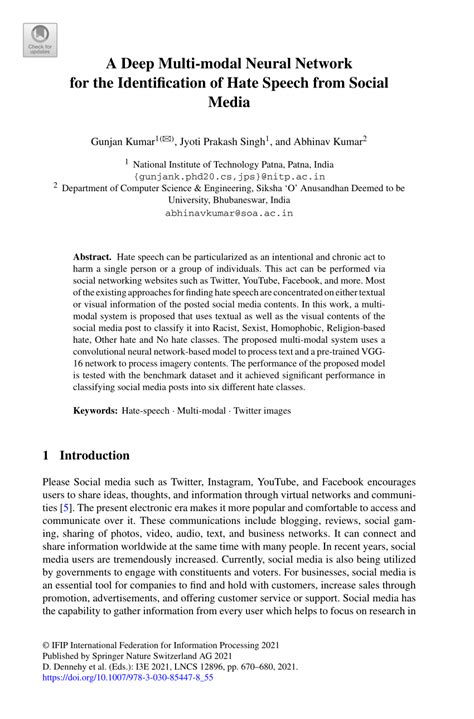PDF A Deep Multi Modal Neural Network For The Identification Of Hate Speech From Social Media