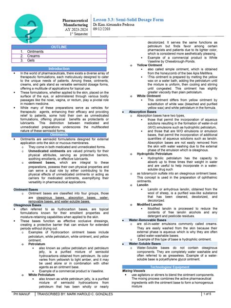 Lesson 33 Semi Solid Dosage Forms Pdf Topical Medication Emulsion