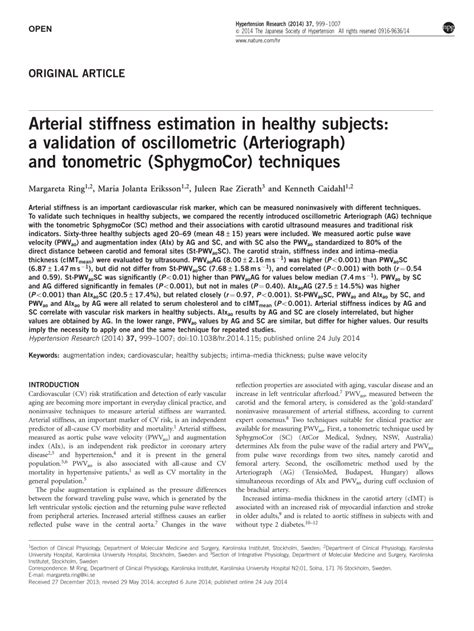 Pdf Arterial Stiffness Estimation In Healthy Subjects A Validation Of Oscillometric