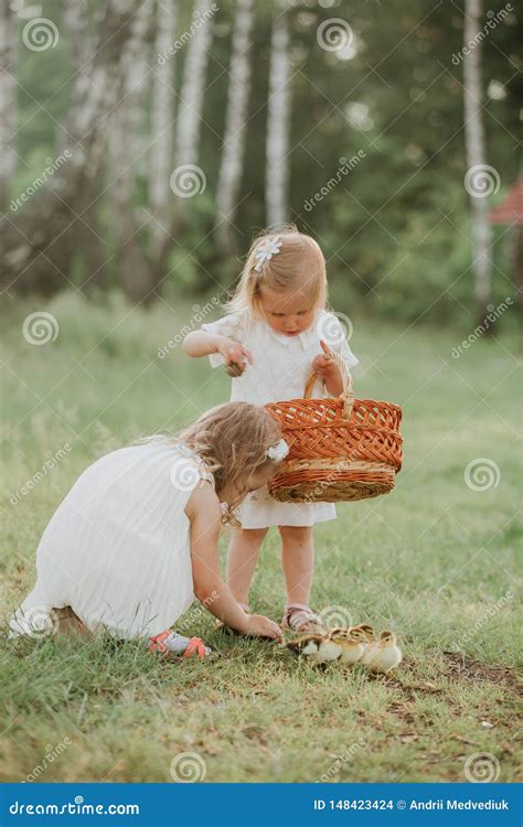 Deux Petites Filles Au Coucher Du Soleil Avec De Beaux Canetons Deux
