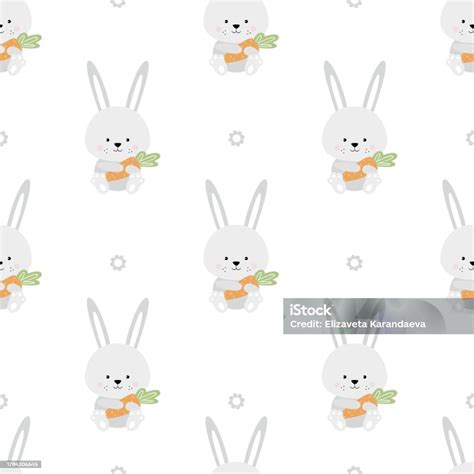 당근과 꽃을 곁들인 귀여운 토끼 토끼와 당근을 사용한 유치한 패턴 신생아 소녀 또는 소년을 위해 인쇄하십시오 0명에 대한 스톡 벡터 아트 및 기타 이미지 Istock