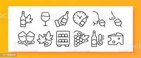 와인 세트 아이콘입니다 포도 잎 유리 노화 시간 시계 시음 냄새 지하실 저장 온도 치즈 조건 시계 레스토랑 개념 비즈니스 및 광고에 대한 벡터 라인 아이콘 와인에 대한 스톡