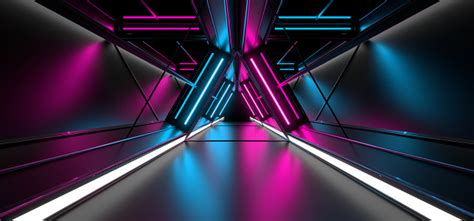 어두운 복도에 있는 Sci Fy 네온 램프 바닥과 벽에 반사 3d 렌더링 이미지입니다 복도에 대한 스톡 사진 및 기타 이미지 복도 초현대적 0명 Istock