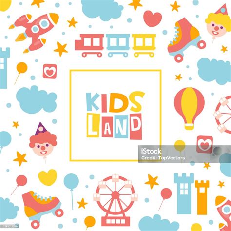 키즈 랜드 배너 템플릿 베이비 클럽 놀이 공원 요소 원활한 패턴 만화 벡터 일러스트와 엔터테인먼트 놀이터 프로모션 포스터 0명에