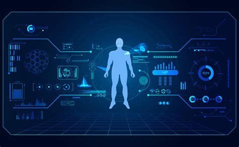 추상 기술 Ui 미래 개념 인간의 건강 Hud 인터페이스 홀로그램 디지털 데이터 차트 통신 컴퓨팅 및 하이테크에 대한 활력 혁신의 요소 건강관리와 의술에 대한 스톡 벡터