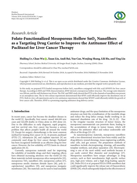 Pdf Folate Functionalized Mesoporous Hollow Sno 2 Nanofibers As A Targeting Drug Carrier To