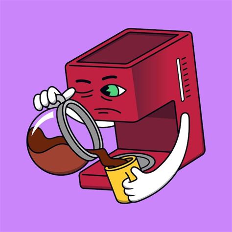 컵에 커피를 넣는 만화 커피 머신 캐릭터 프리미엄 벡터